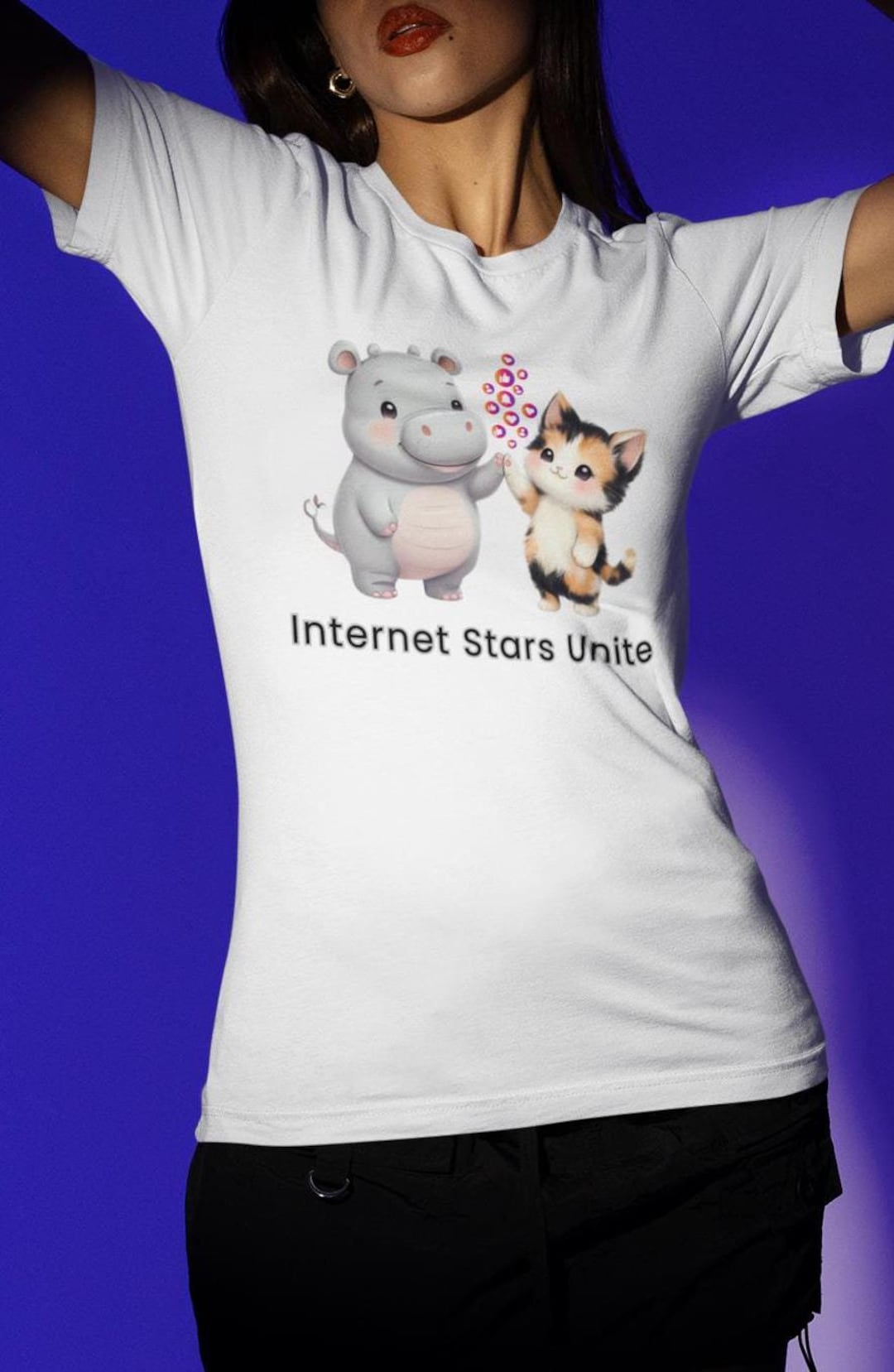 Cat Pygmy Hippo T-shirt, Moo Deng and Kitten, Internet Stars Unite ...