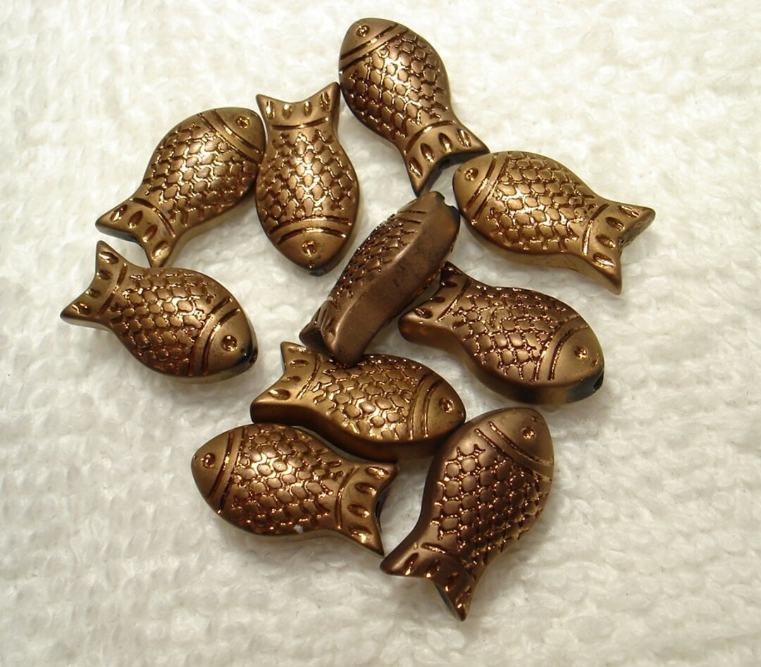 Bronze Electroplated Frosted Glass Fish 15x8x5mm Beads Qty 10 - B7586 ...