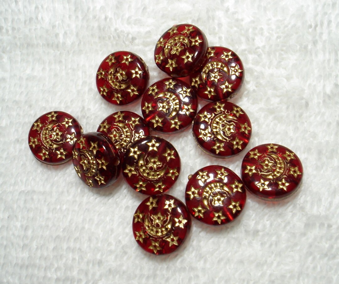 Red Gold Enlaced Star Moon Design Flat Round 12x4mm Beads (qty 12 ...