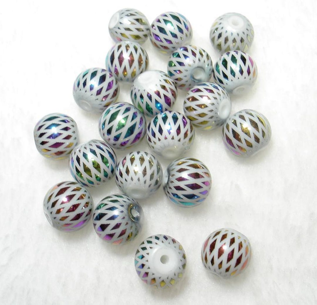 White Rainbow Electroplated Tartan Pattern Glass Round 8mm Beads Qty 20 ...