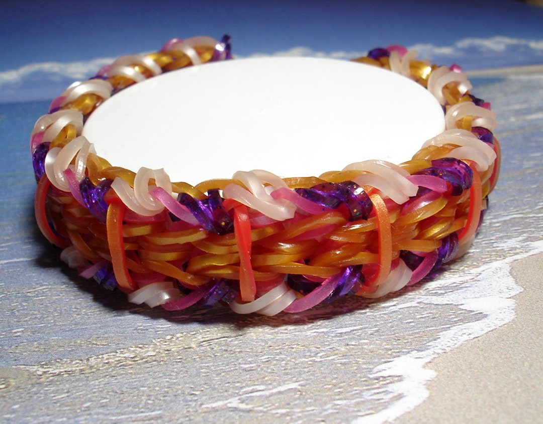Gold Pink Purple Handmade Bracelet Rainbow Loom Intricate Designed Rubber 7 Band BR44 - Etsy