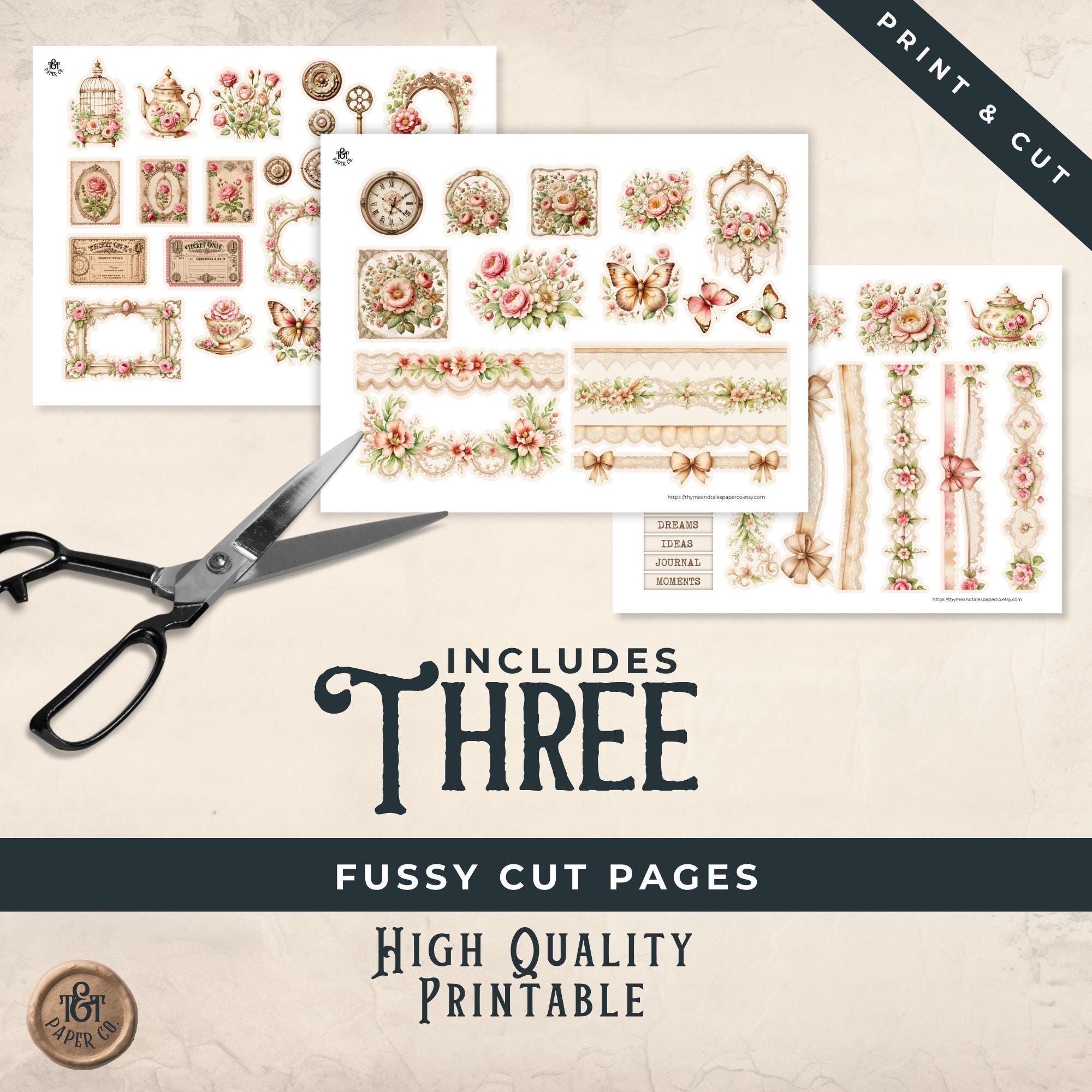 Shabby Chic Fussy Cuts Vintage Junk Journal Kit Element Quilt Floral ...