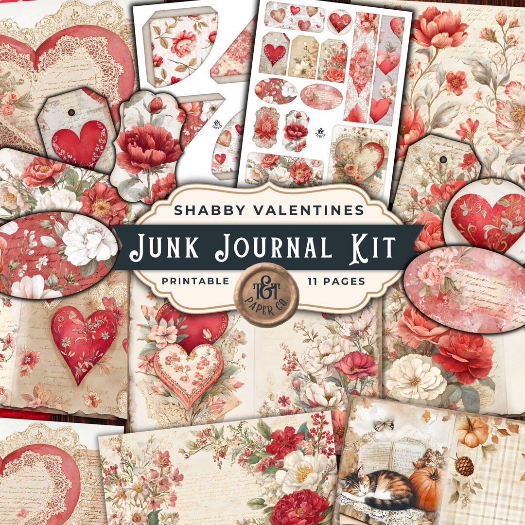 Shabby Valentines Junk Journal Kit - Valentine Journal Roses Ephemera ...