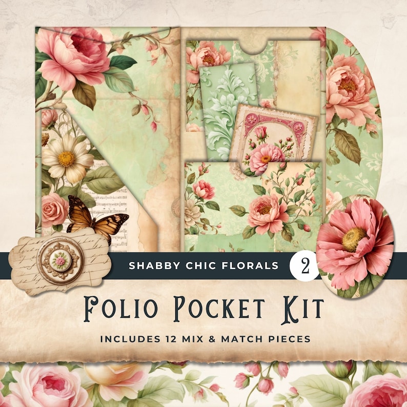 Shabby Chic Junk Journal Folio 2 Loaded Envelope Floral Dusty Rose Shabby Chic Folio Mini Folio ...