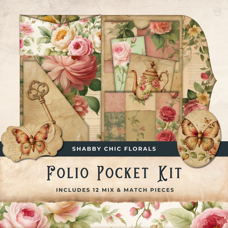 Shabby Chic Junk Journal Folio, Loaded Envelope Floral Dusty Rose Shabby Chic Folio Mini Folio ...