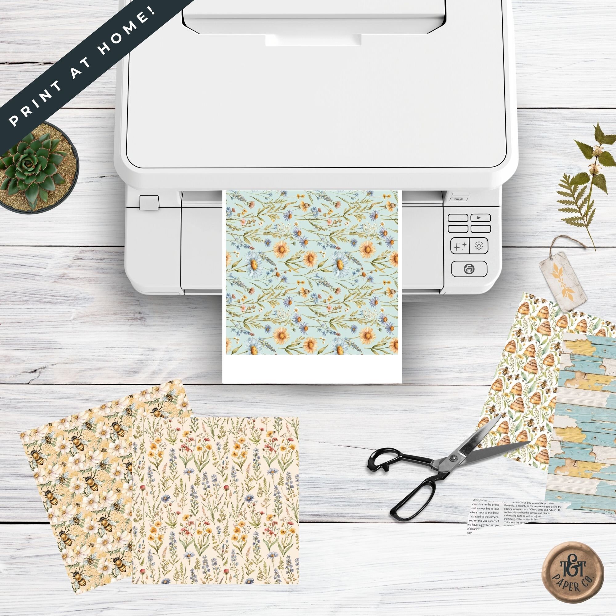 Bees Paper Digital Seamless Pattern Honeybee Decorative Pages Wildflowers Weathered Wood Texture ...