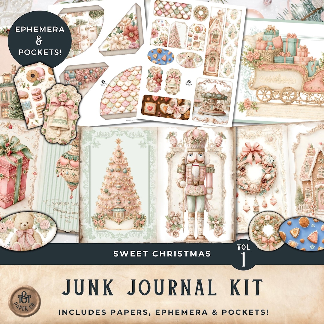 Sweet Pink Christmas Junk Journal Kit - Holiday Pastel Papers Christmas ...