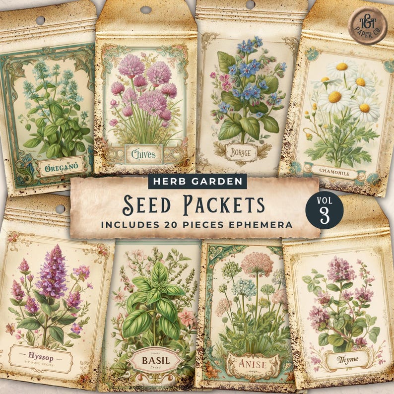 Vintage Herb Seed Packets Ephemera, Junk Journal Collage Sheet Digital ...