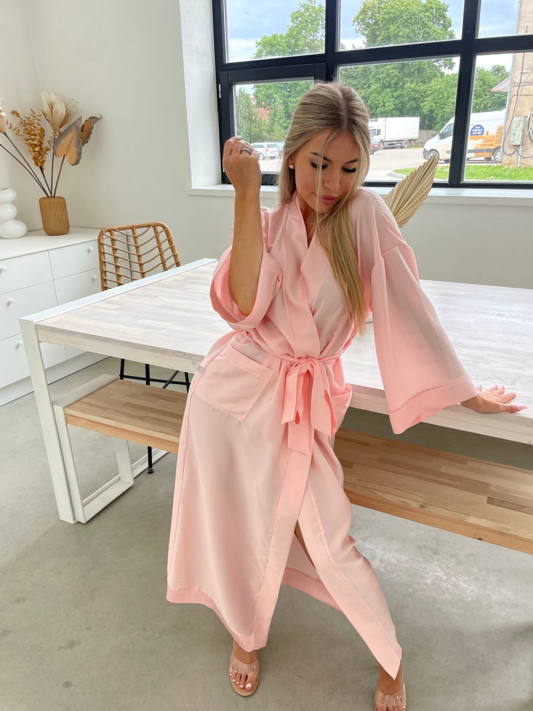 Women House Coat, Lounge Wear, Long Robe, Floor Robe, Home Wear, Pink ...