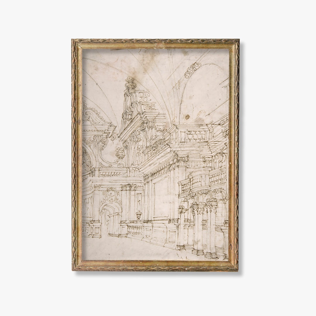 Architectural Drawing of Palace Interior 17th Century Sketch Antique ...