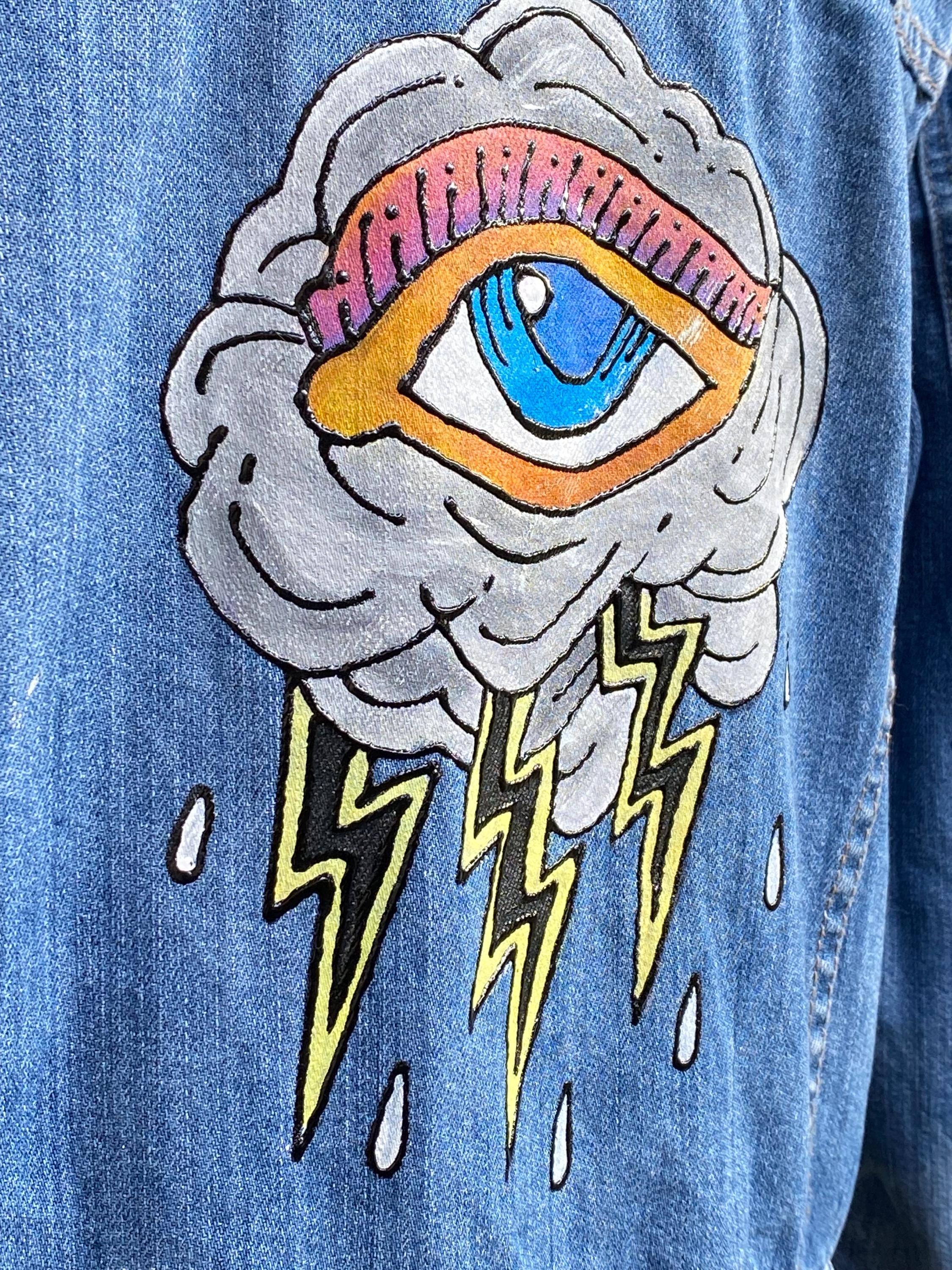 Hand Painted Denim Jacket, Blue Denim, Nope, Flash Art, OOAK, All ...