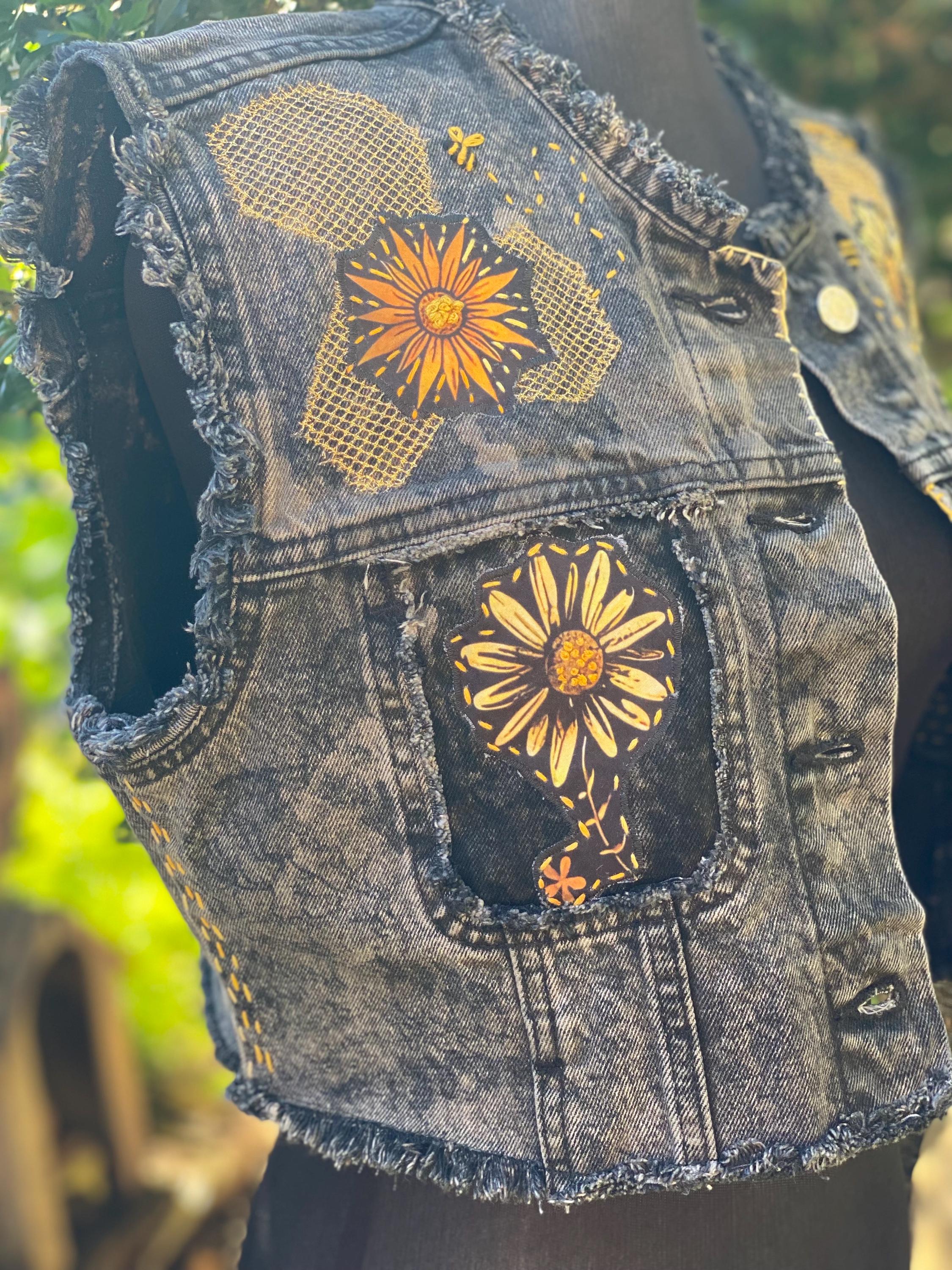 Reworked Upcycled Black and Gold Bee Denim Vest - Size Medium/large ...