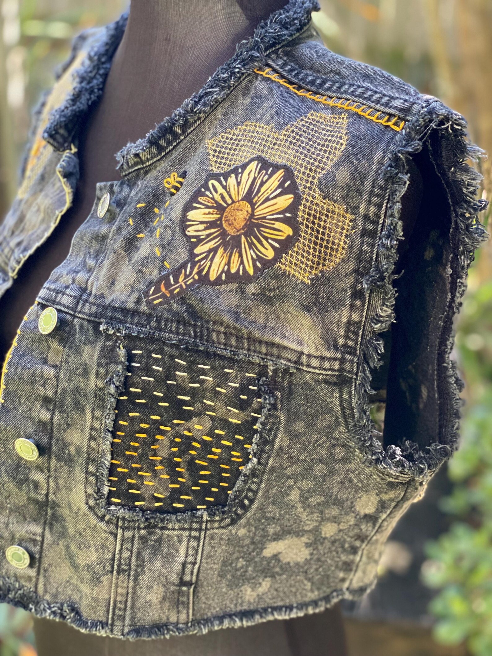 Reworked Upcycled Black and Gold Bee Denim Vest - Size Medium/large ...