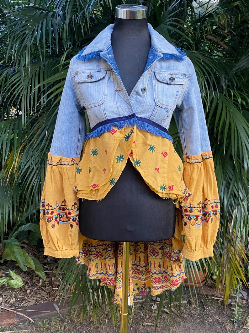 Blue and Yellow Denim Duster Jacket: Mid Western Country Boho Style ...