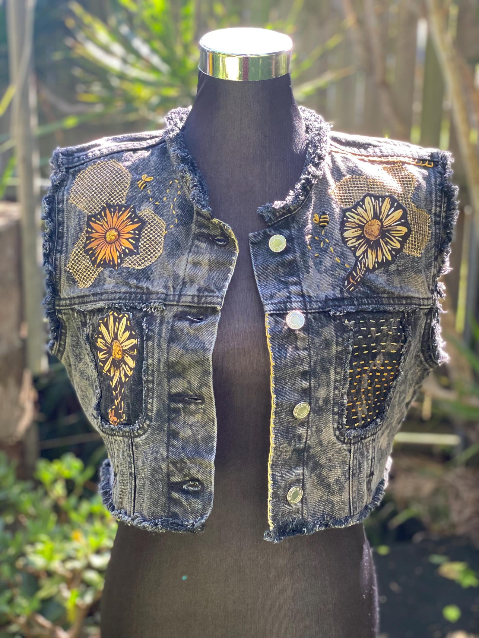 Reworked Upcycled Black and Gold Bee Denim Vest - Size Medium/large ...