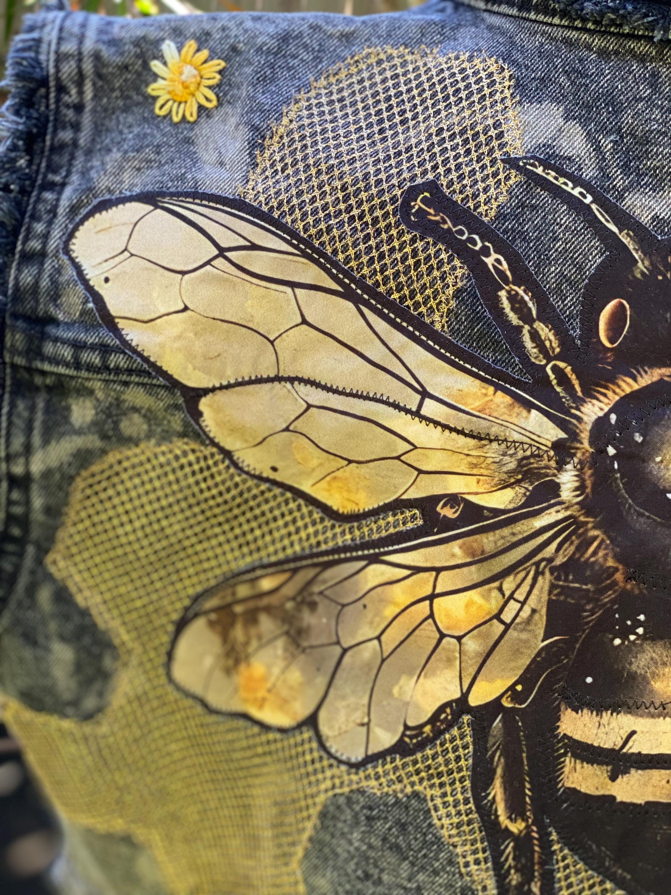 Reworked Upcycled Black and Gold Bee Denim Vest - Size Medium/large ...
