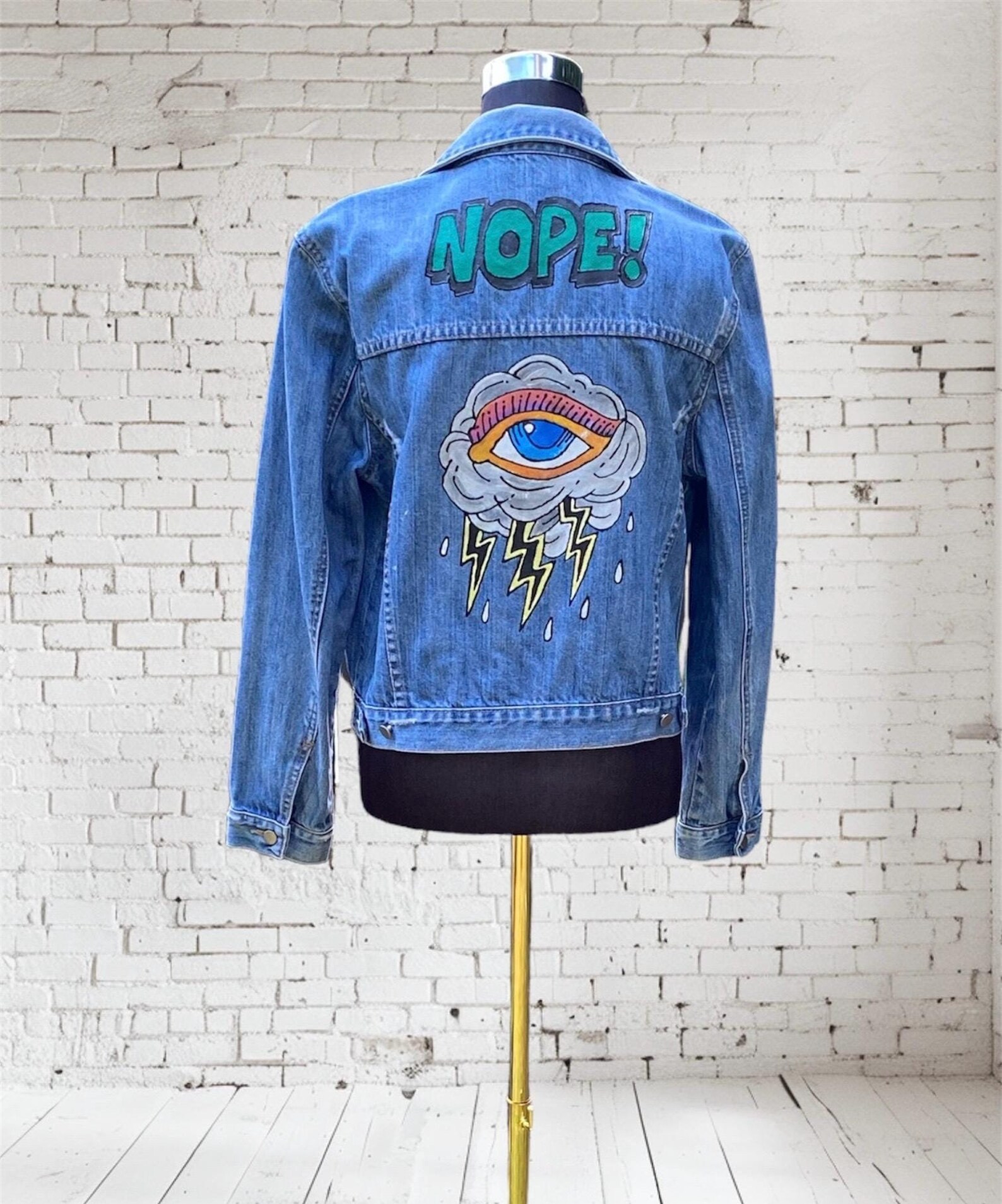 Hand Painted Denim Jacket, Blue Denim, Nope, Flash Art, OOAK, All ...