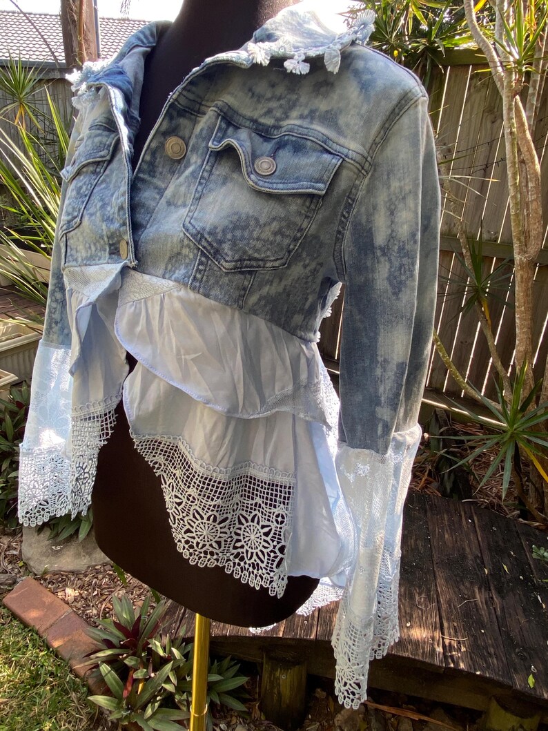 Pale Blue Denim & Lace Jean Jacket: Country Boho Upcycled Whimsical ...