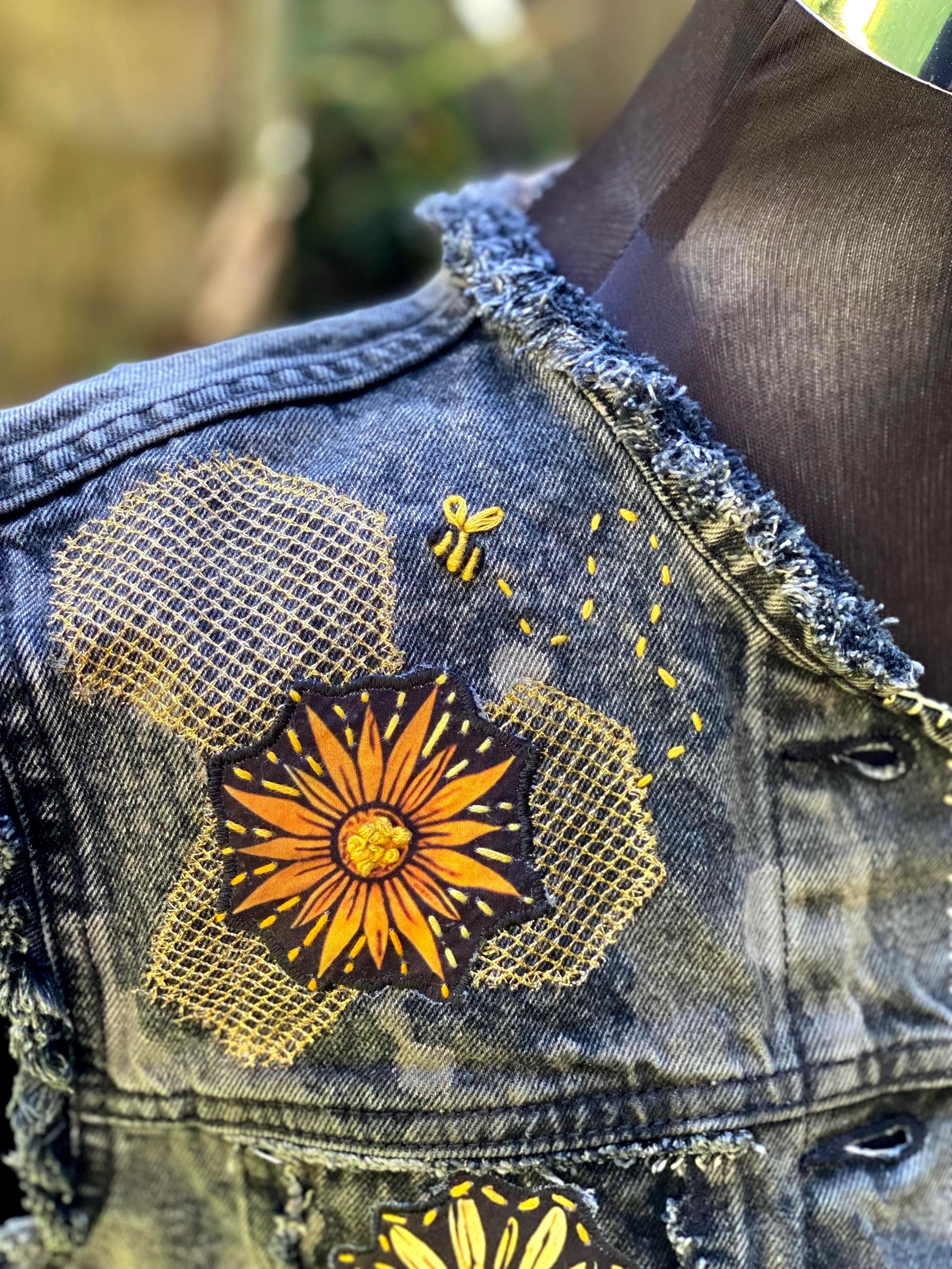Reworked Upcycled Black and Gold Bee Denim Vest - Size Medium/large ...