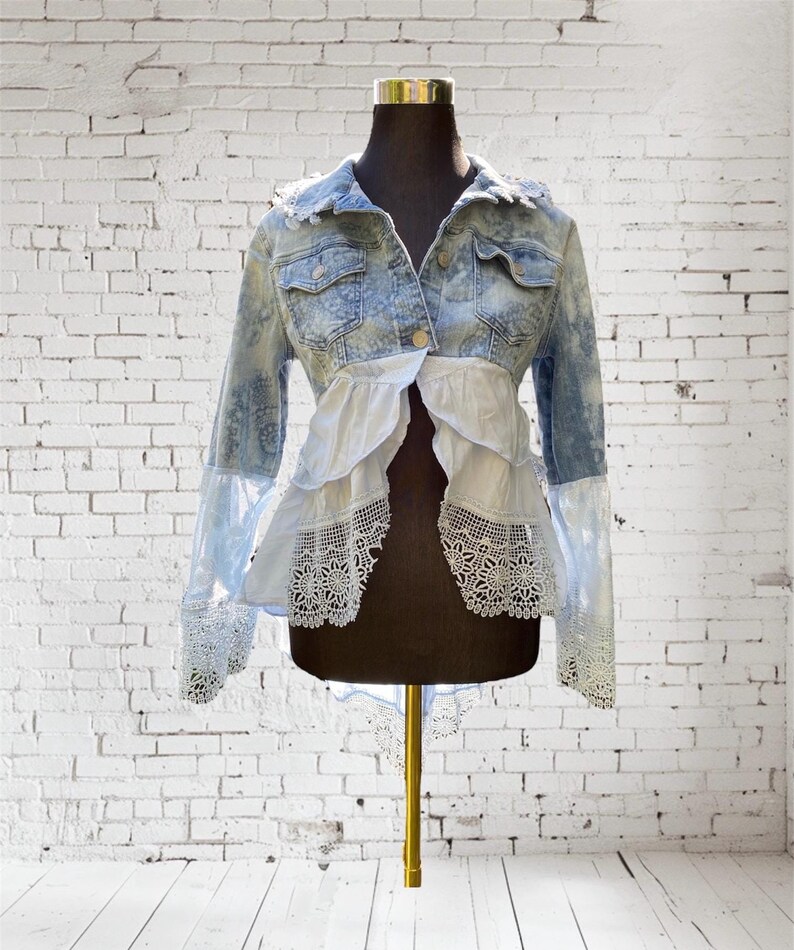 Pale Blue Denim & Lace Jean Jacket: Country Boho Upcycled Whimsical ...
