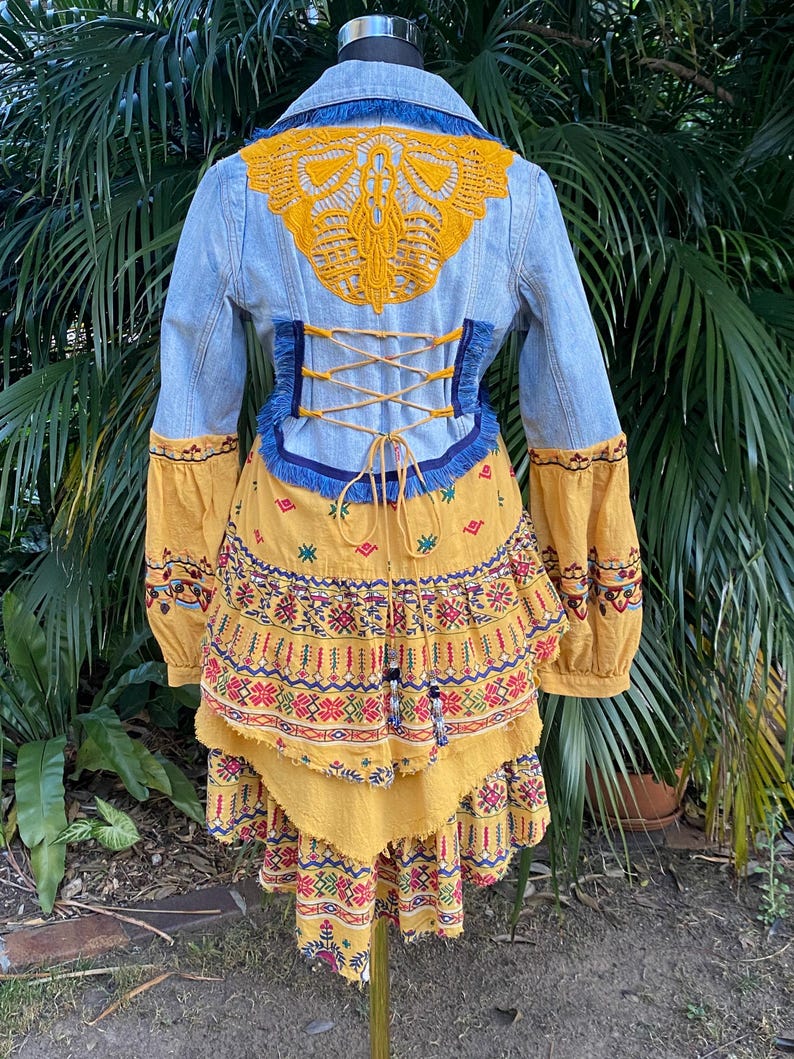 Blue and Yellow Denim Duster Jacket: Mid Western Country Boho Style ...
