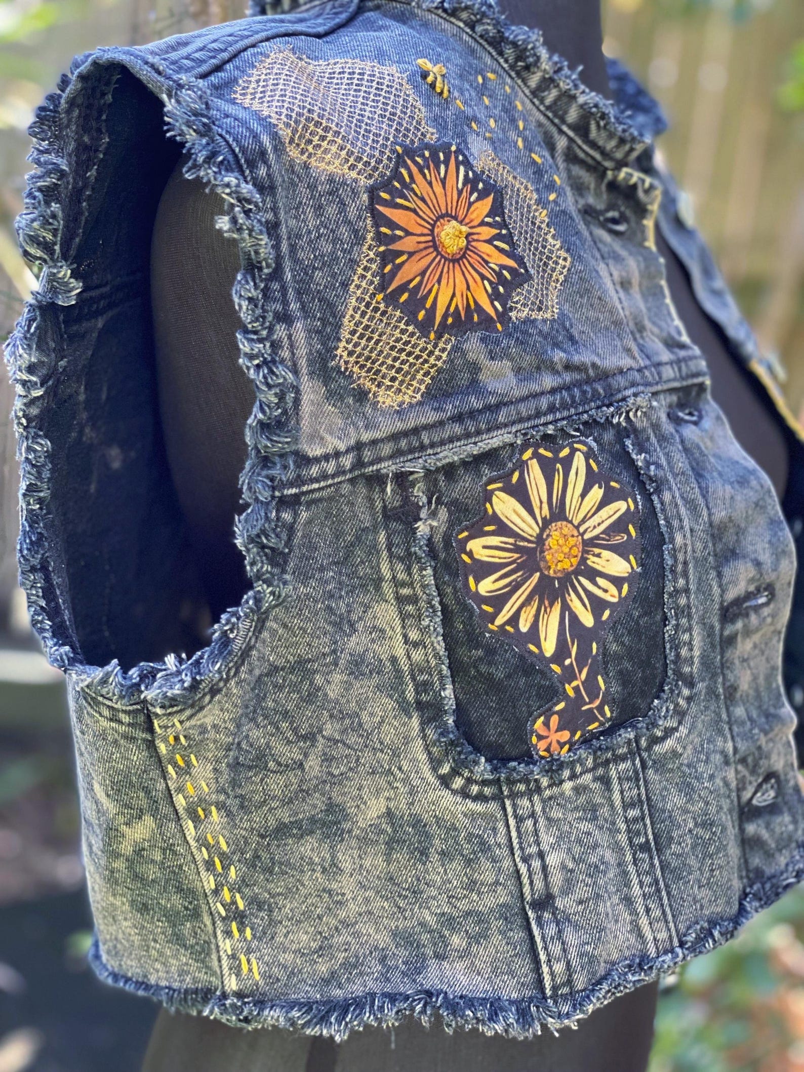Reworked Upcycled Black and Gold Bee Denim Vest - Size Medium/large ...