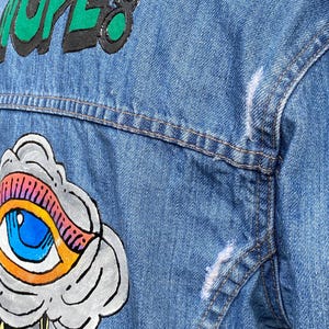 Hand Painted Denim Jacket, Blue Denim, Nope, Flash Art, OOAK, All ...