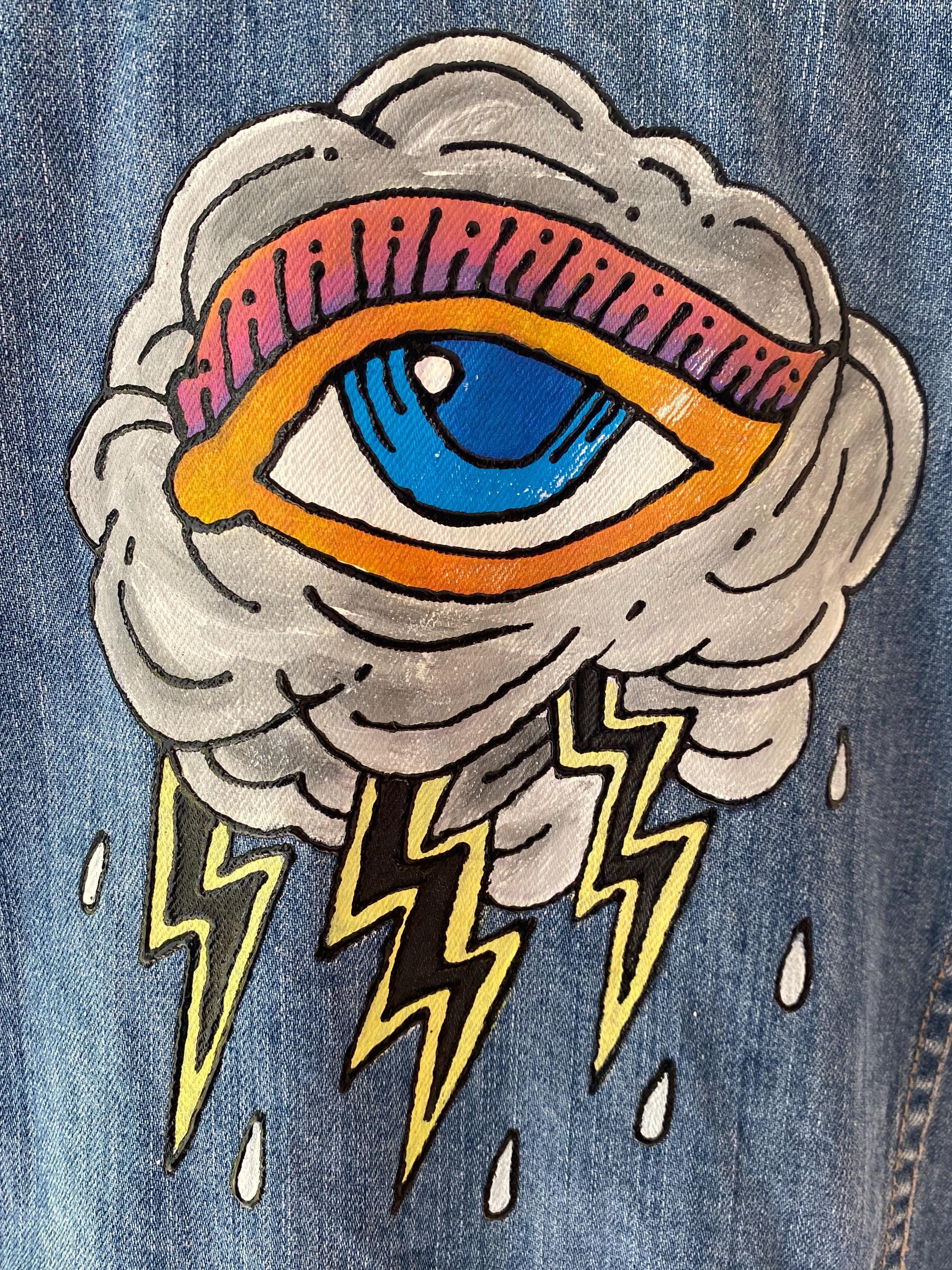 Hand Painted Denim Jacket, Blue Denim, Nope, Flash Art, OOAK, All ...