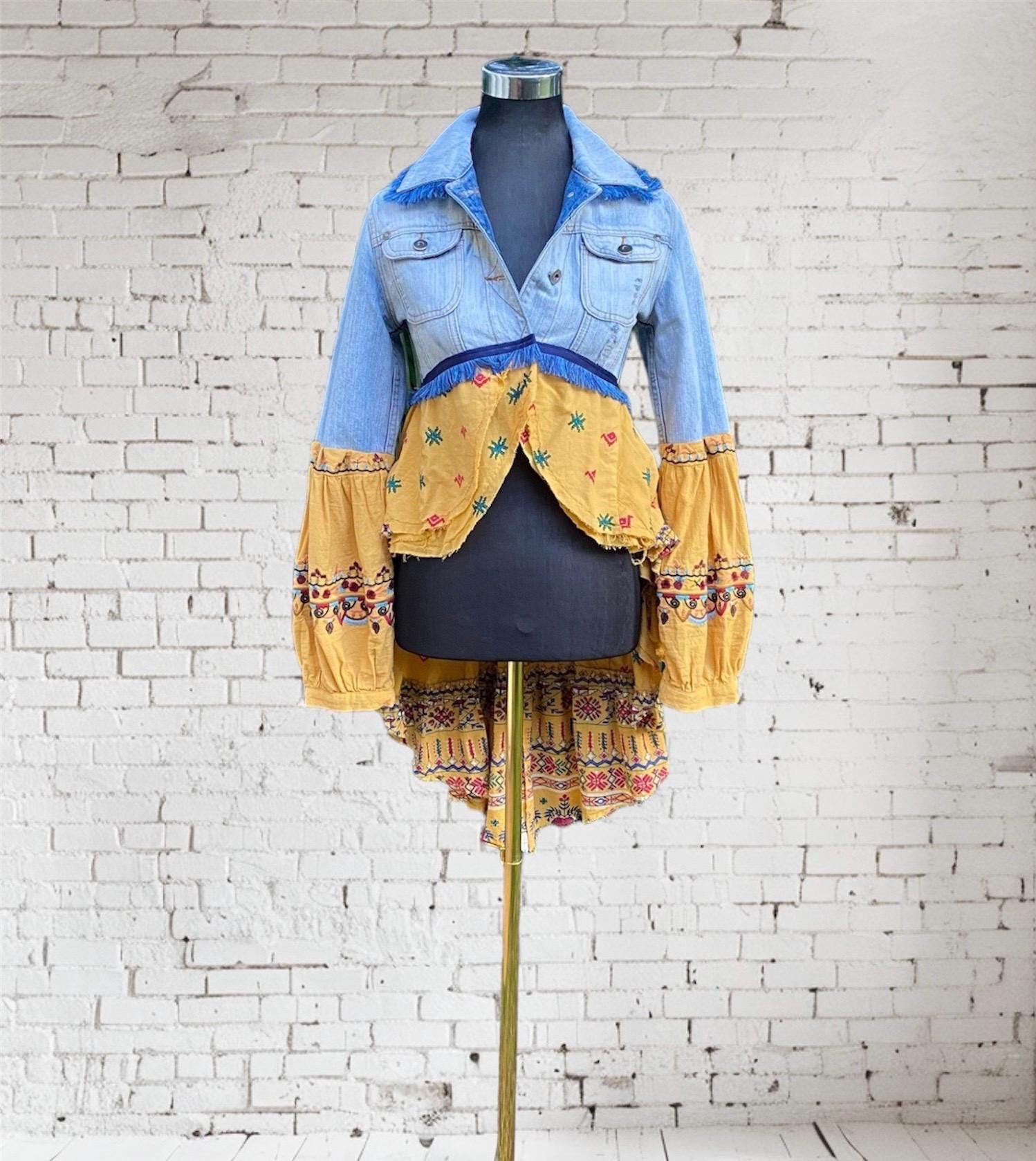 Blue and Yellow Denim Duster Jacket: Mid Western Country Boho Style ...