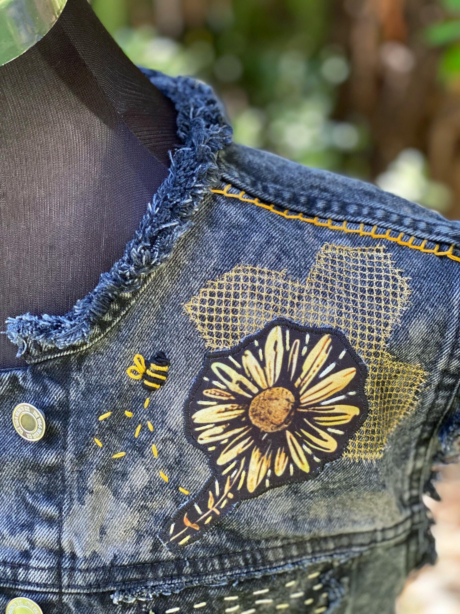 Reworked Upcycled Black and Gold Bee Denim Vest - Size Medium/large ...