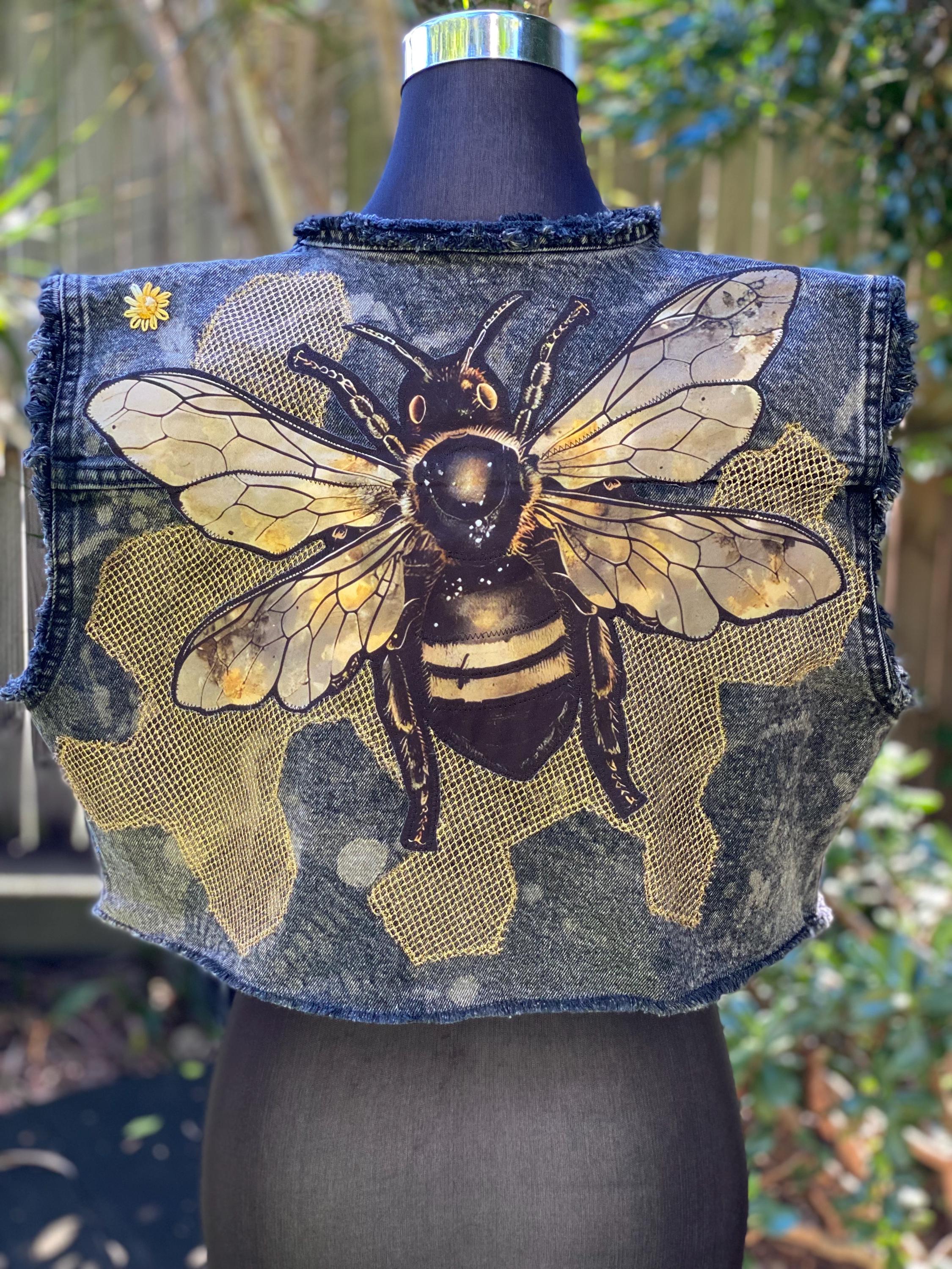 Reworked Upcycled Black and Gold Bee Denim Vest - Size Medium/large ...
