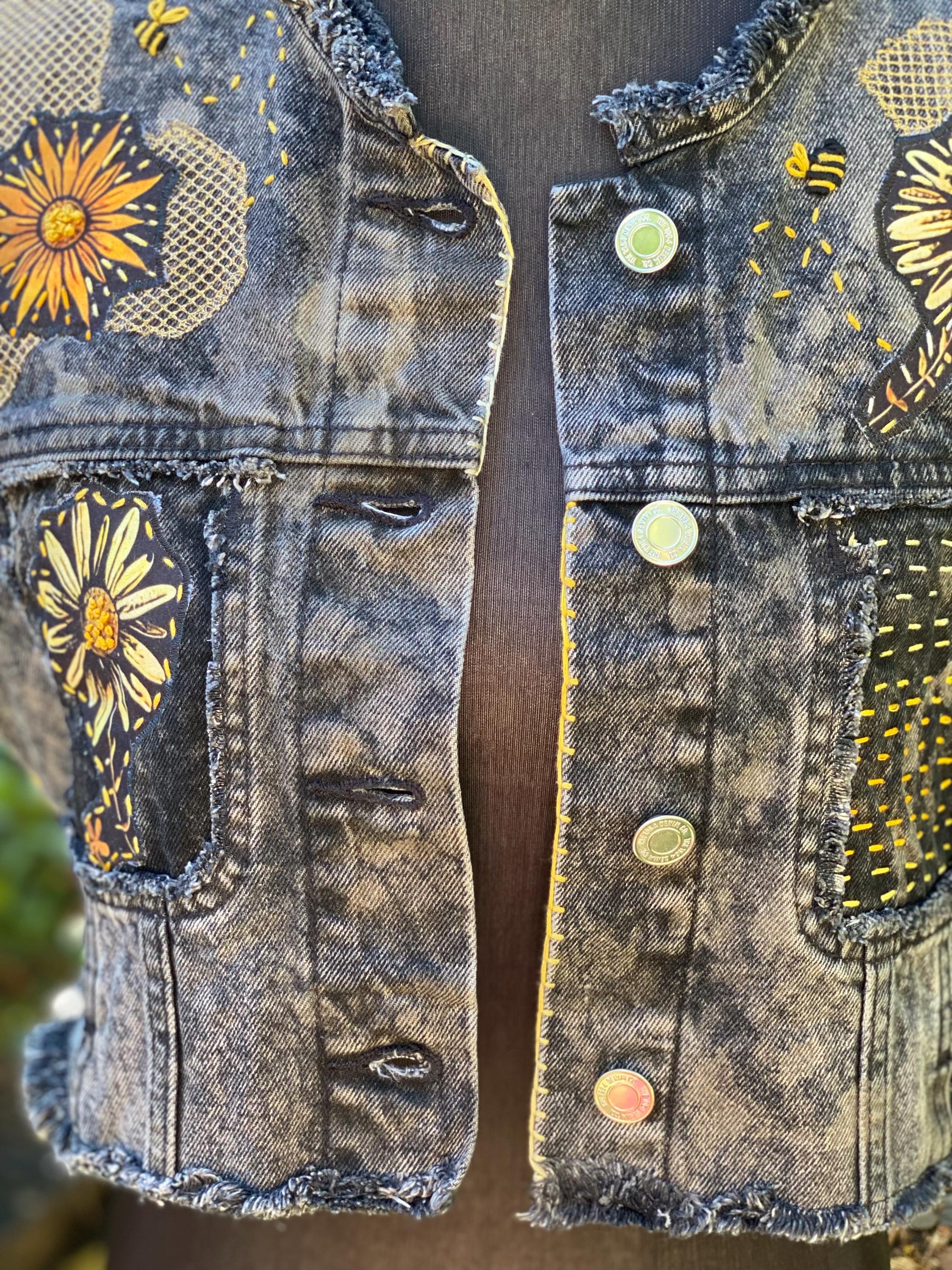 Reworked Upcycled Black and Gold Bee Denim Vest - Size Medium/large ...