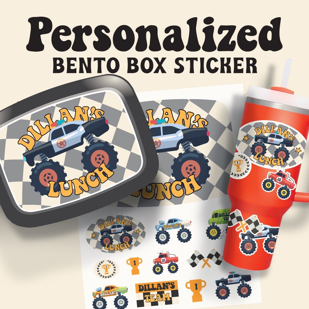 Personalized Bento Box Monster Police Car Sticker Bundle Cute Kids ...