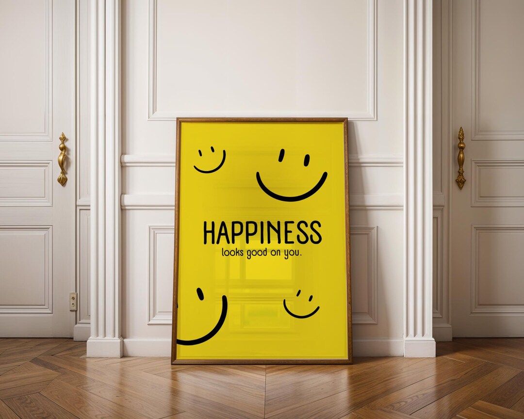 Happiness Poster - Yellow Aesthetic Poster, Happy Face Wall Decor ...