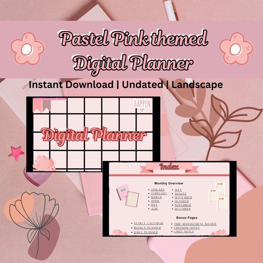Pastel Pink Themed Digital Planner, Simple Yearly, Monthly, Weekly ...