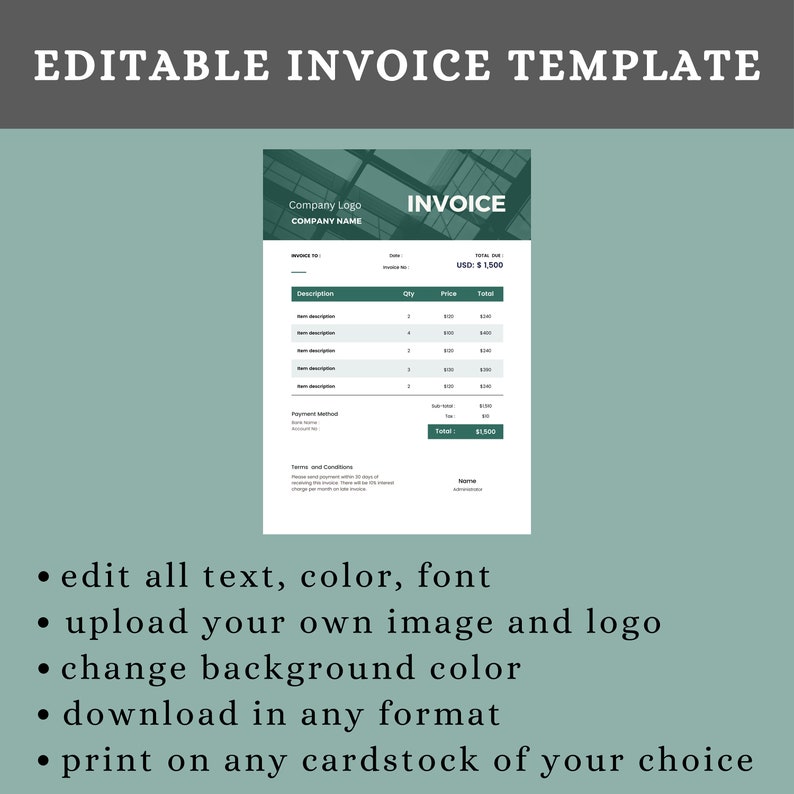 Invoice Template Editable, Small Business Custom Order Form Printable ...