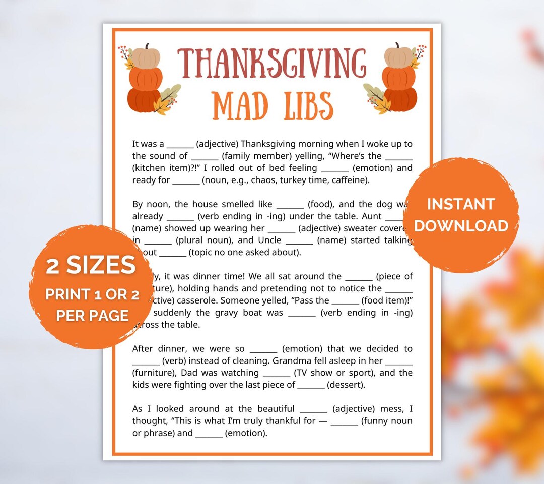 Thanksgiving Mad Libs Game, Funny Fall Party Printable Activity, Family ...