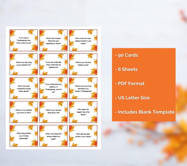 Thanksgiving Conversation Cards Printable, Gratitude Game for Family ...