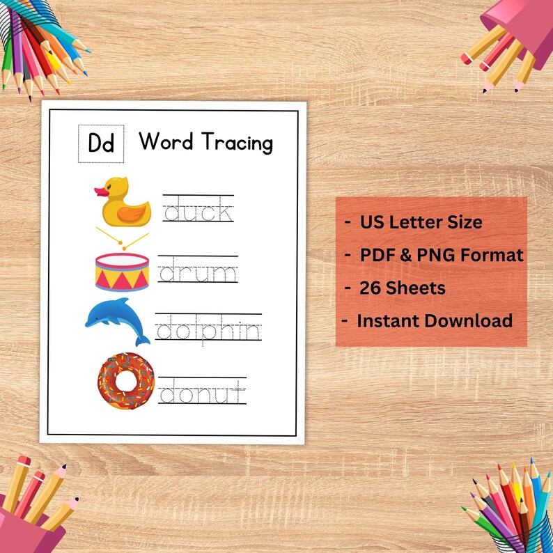 A-Z Word Tracing, Preschool Alphabet Tracing Worksheet, Learning ...
