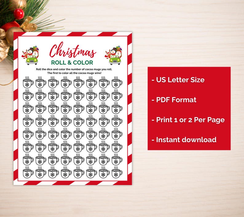 Christmas Roll and Color, Printable Christmas Game, Christmas Party ...