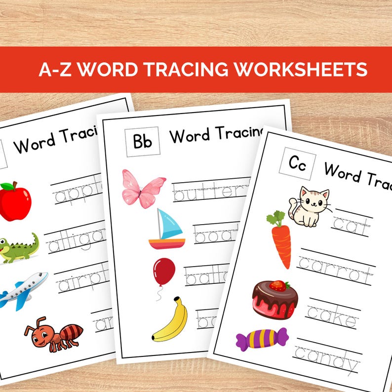 A-Z Word Tracing, Preschool Alphabet Tracing Worksheet, Learning ...