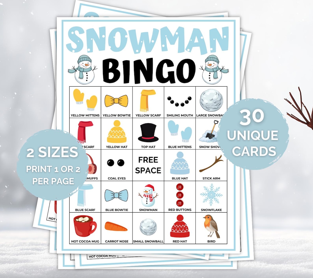 30 Snowman Bingo Cards, Snowman Bingo, Winter Party Game, Winter ...