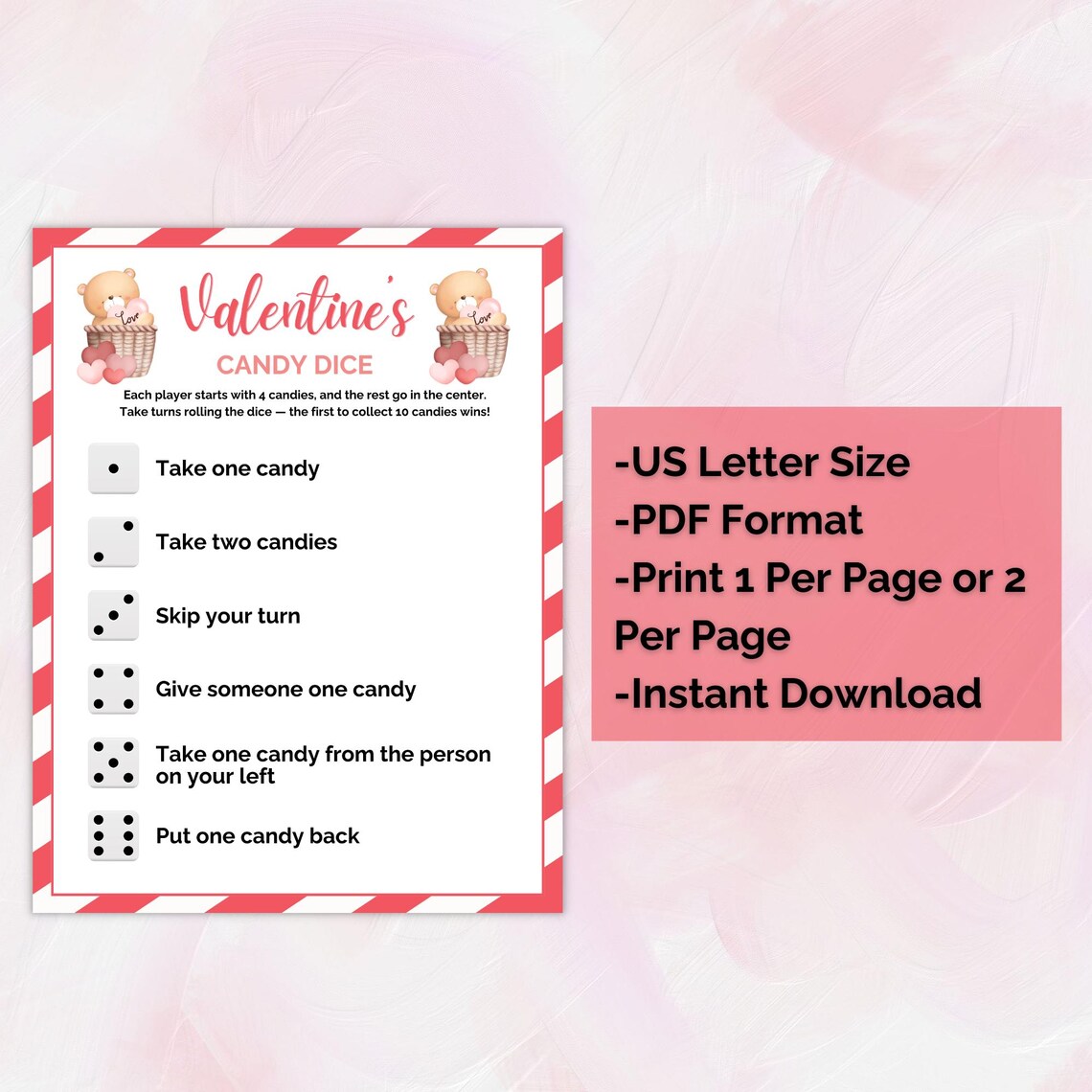 Valentine's Day Candy Dice Game, Valentine's Day Candy Dice, Valentines ...