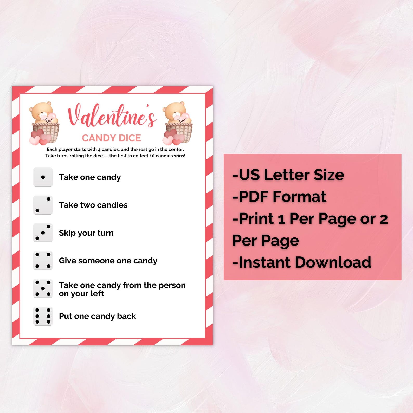 Valentine's Day Candy Dice Game, Valentine's Day Candy Dice, Valentines ...