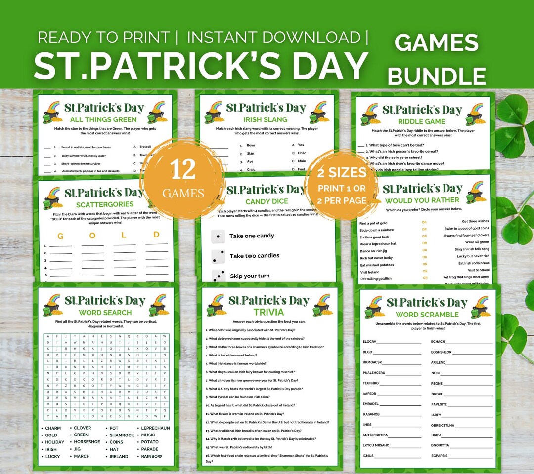 12 Printable St. Patrick's Day Games, St. Patrick's Day Activity Bundle ...