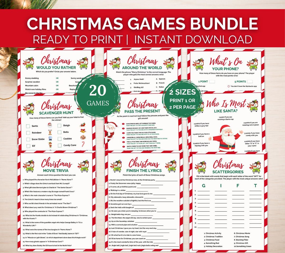 Printable Christmas Games Bundle, 20 Christmas Party Games, Christmas ...