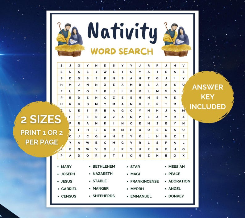 Nativity Word Search, Fun Nativity Game, Printable Nativity Game ...