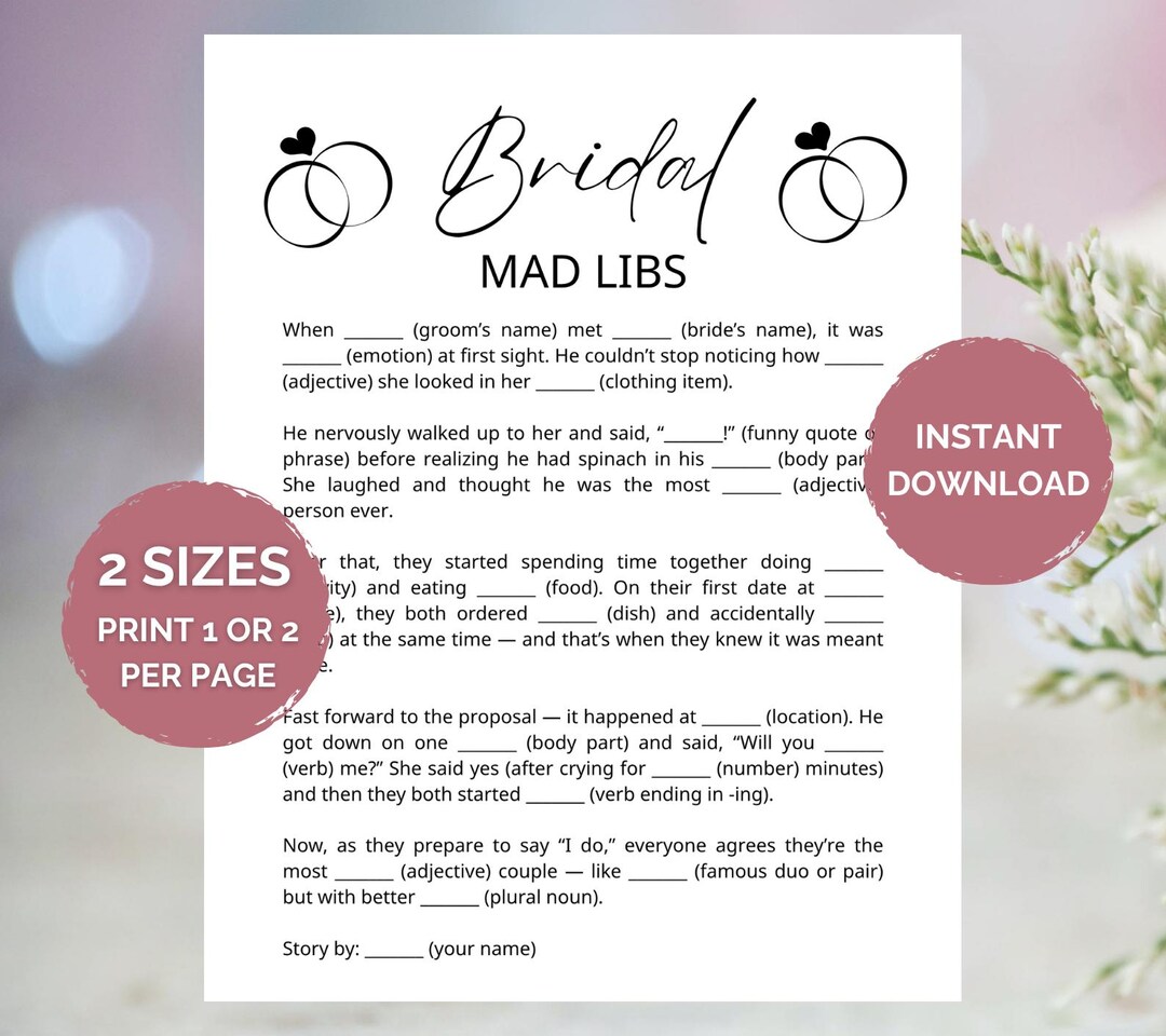Bridal Mad Libs Game, Wedding Shower Printable Activity, Funny Bride ...