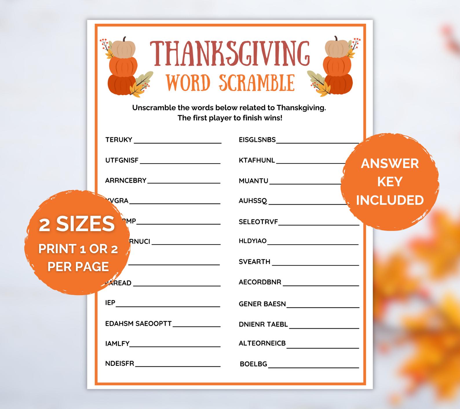 Thanksgiving Word Scramble Game, Fun Thanksgiving Game, Thanksgiving ...