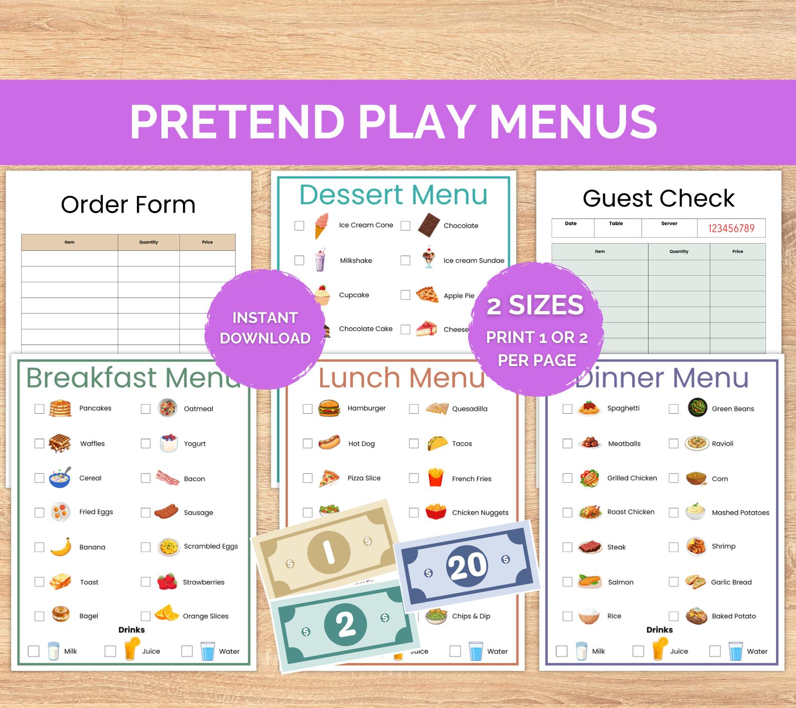 Pretend Play Restaurant Menu Printable, Kids Play Food Menu Set, Play ...